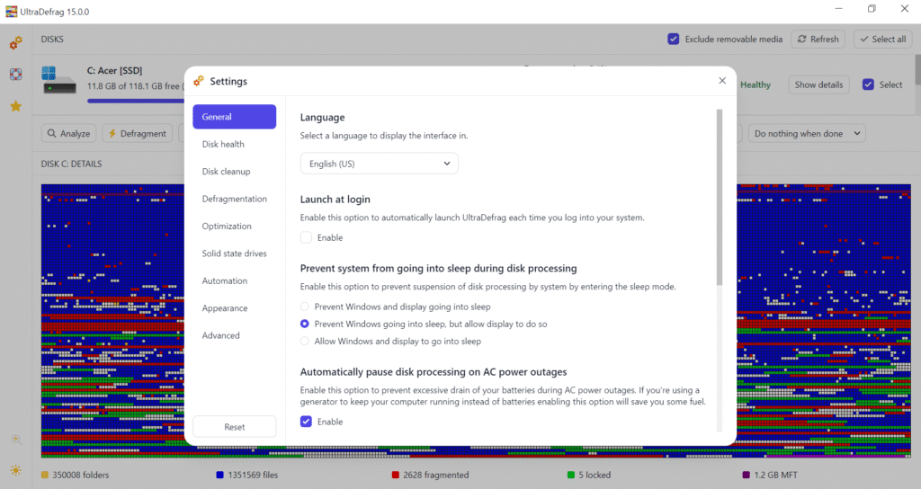 Settings dialog overview - UltraDefrag 14